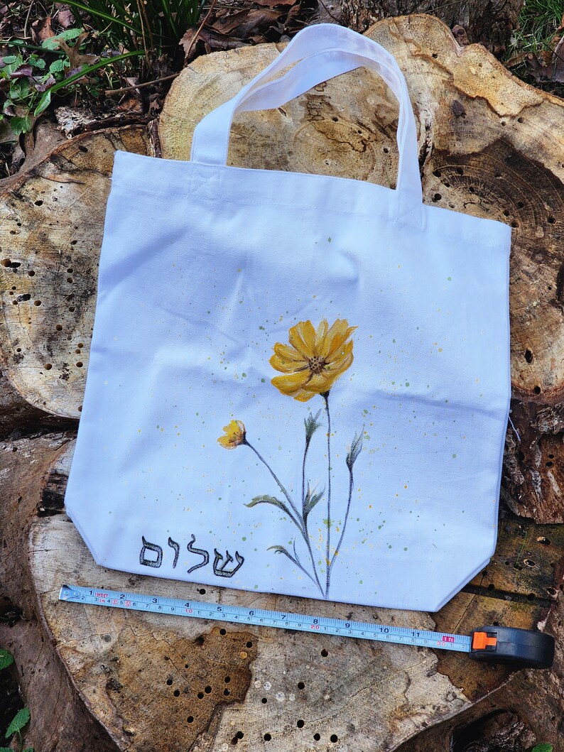 Canvas Tote Bag Shalom and Yellow Flowers Cute Hand-painted Customized ...