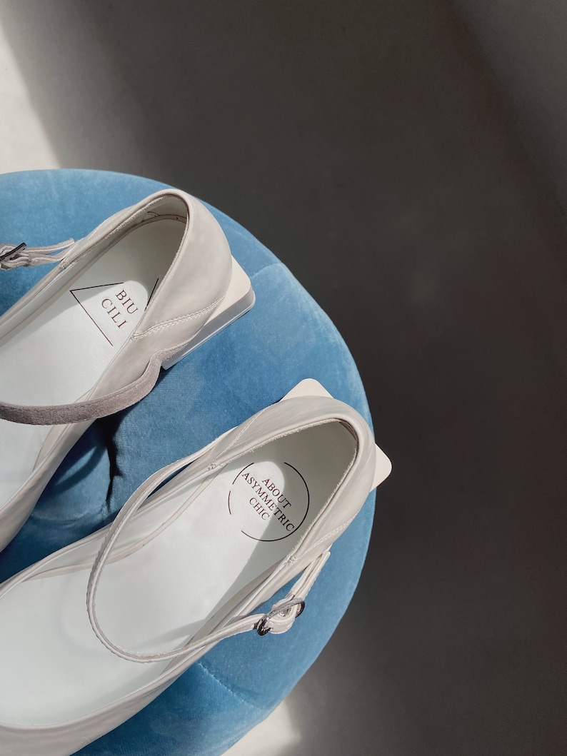 Women's Asymmetric Square Toe Soft Leather Mary Janes Shoes in White ...
