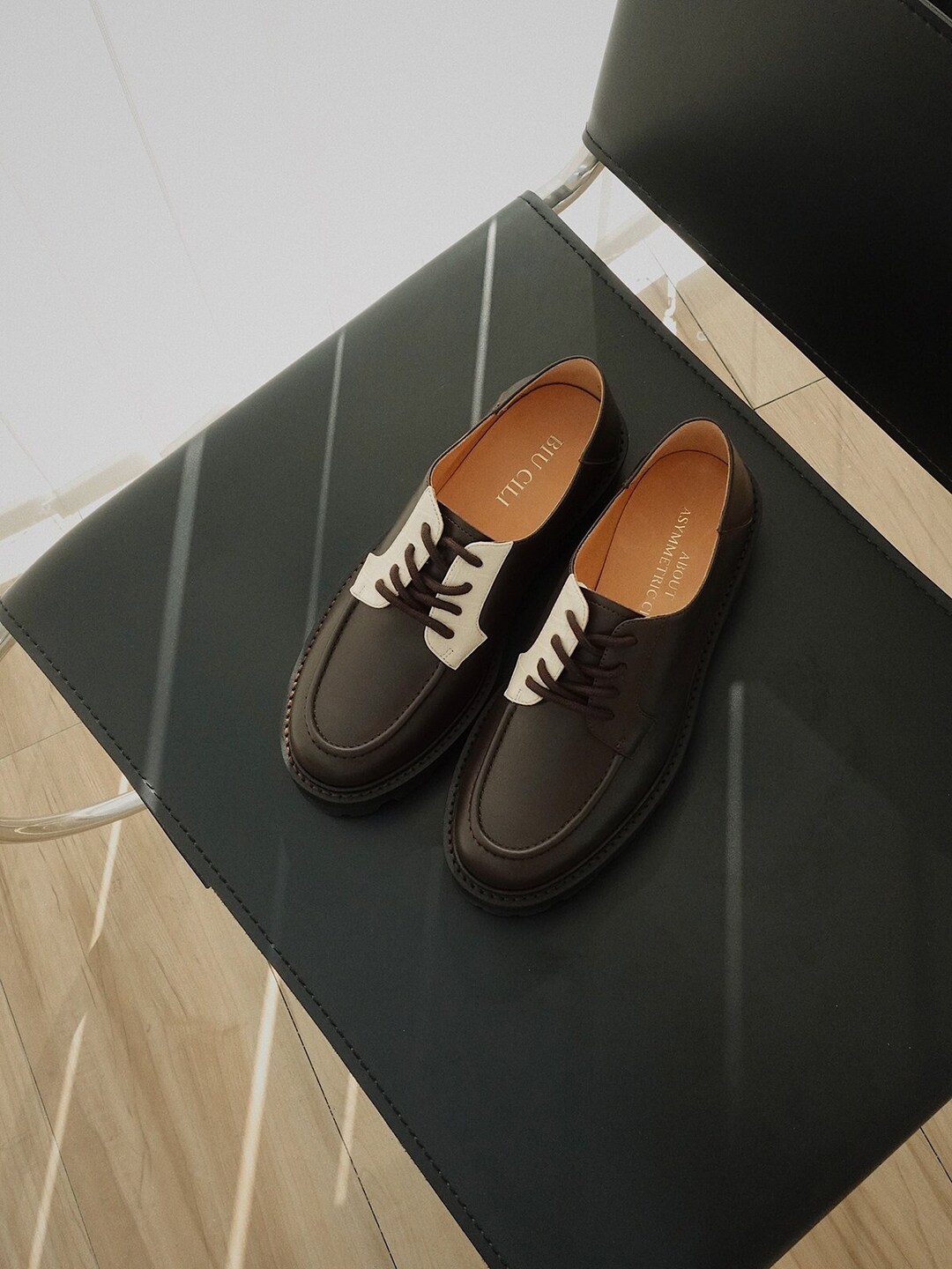 Tiramisu | Women's Asymmetric Brown Leather Chunky Derby Shoes ...