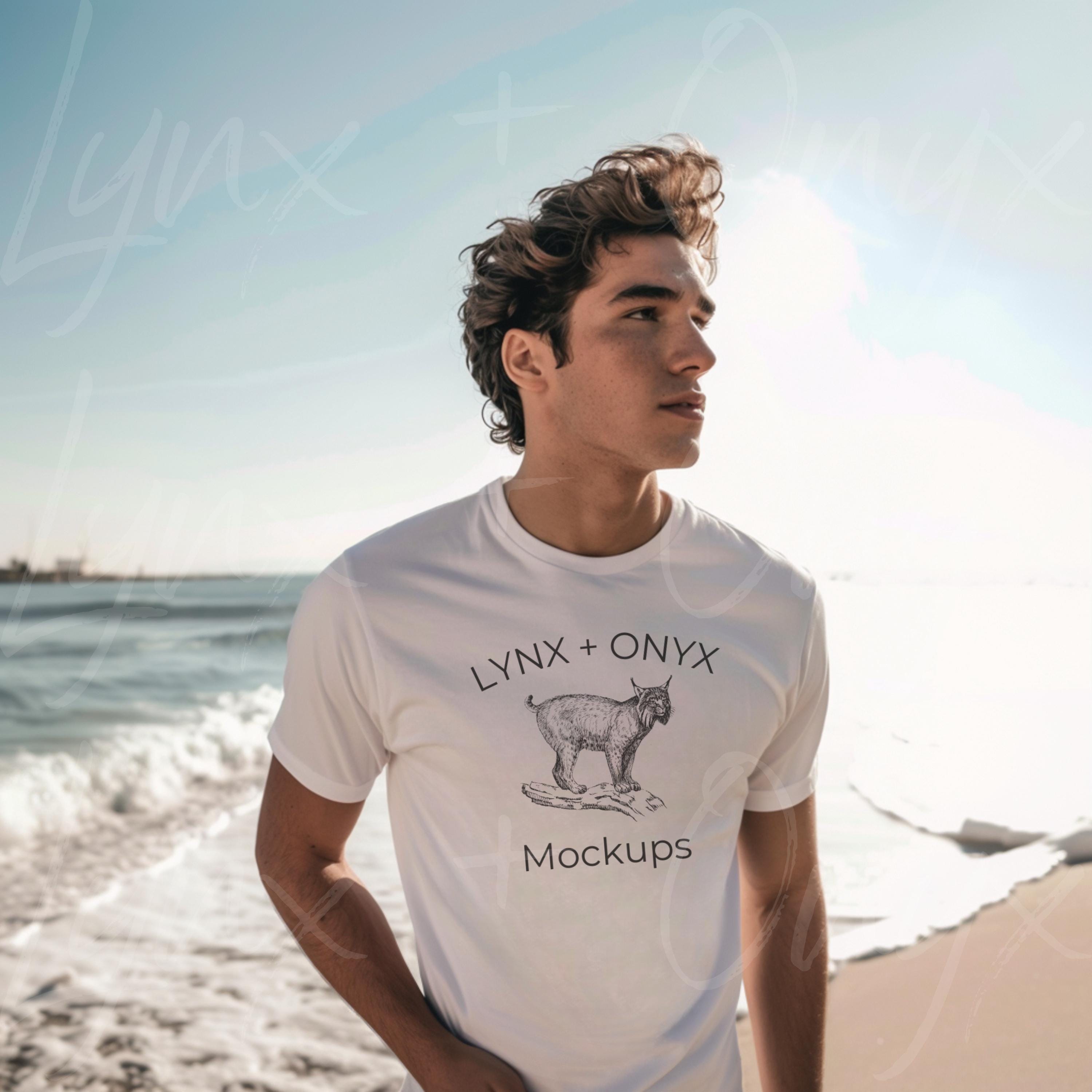 Male Model at the Beach | White Bella+canvas 3001 T-shirt Mockup | Guy ...