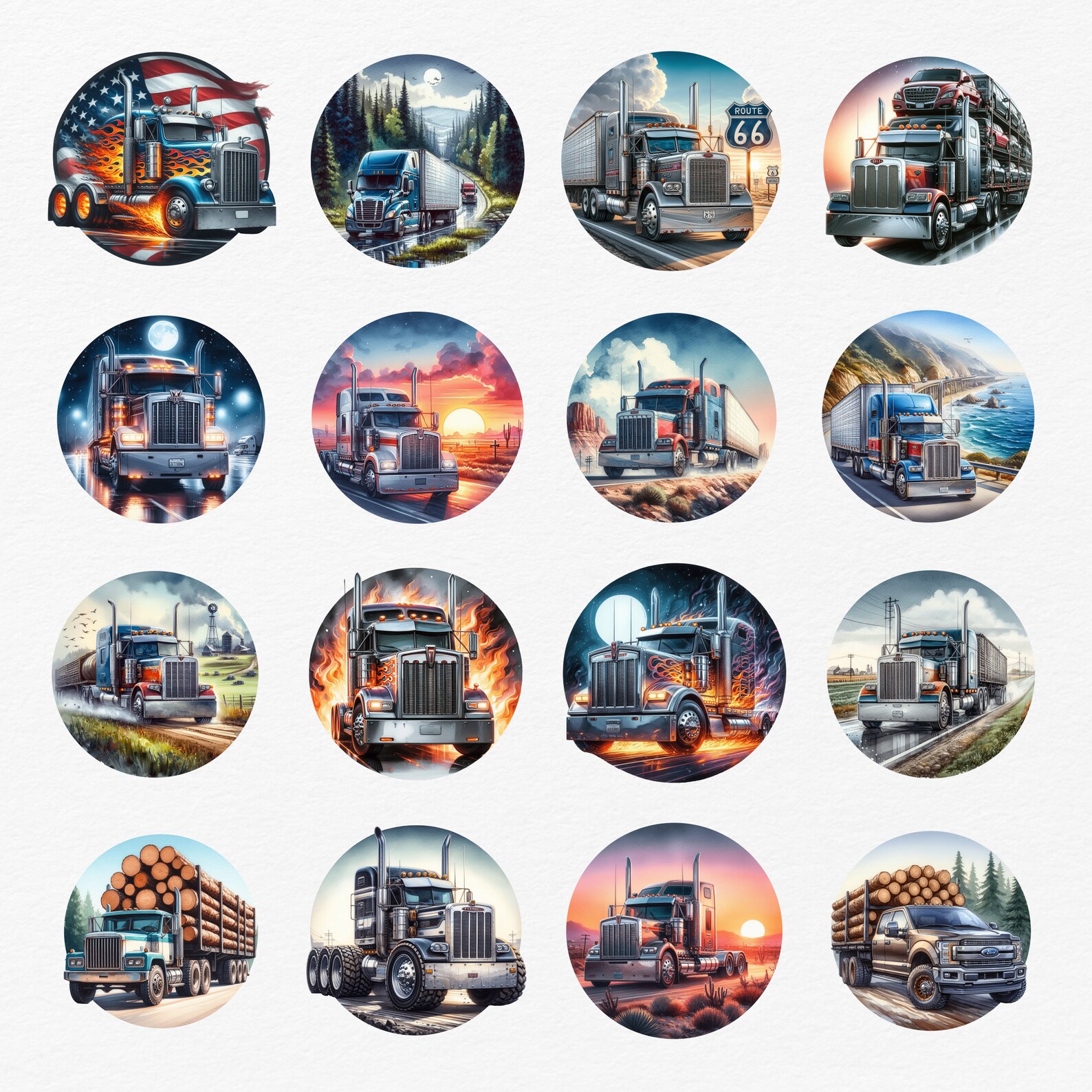 American Trucks Clipart, Semi Truck Clipart, Watercolor Trucks, Semi ...