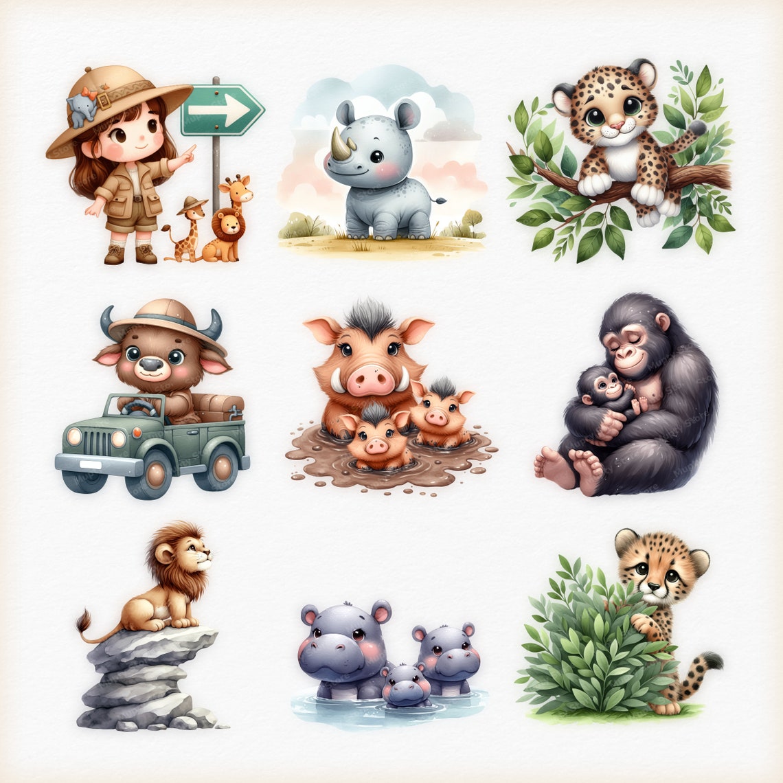 Safari Animals Clipart, 35 Cute Safari Animals PNG, Watercolor Cute ...