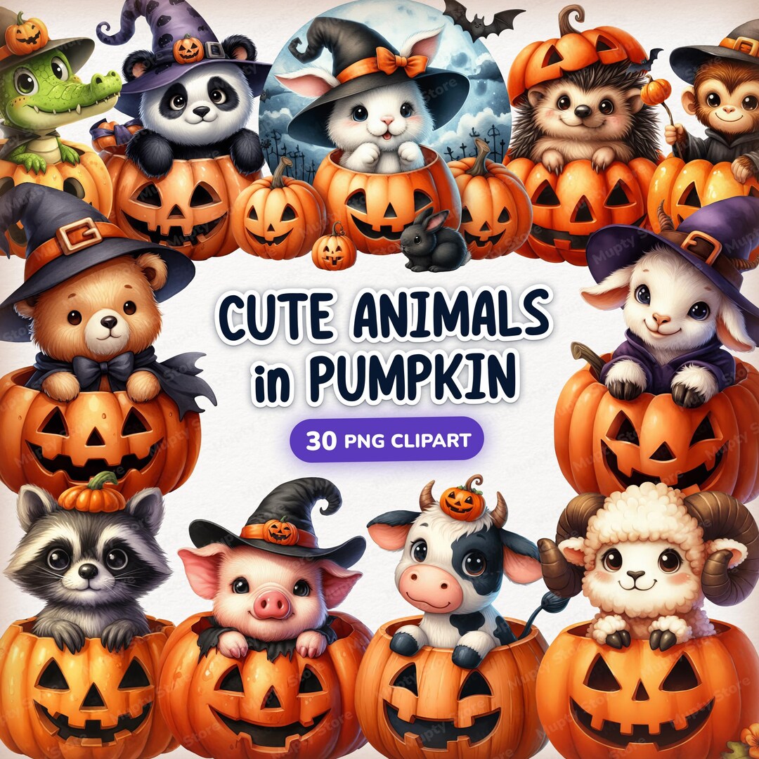 Cute Animals & Halloween Pumpkin Clip Art, Watercolor Halloween Clipart ...