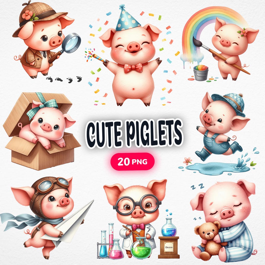 Watercolor Pig Clipart PNG, 20 Watercolor Cute Piglet, Cute Pig Clipart ...