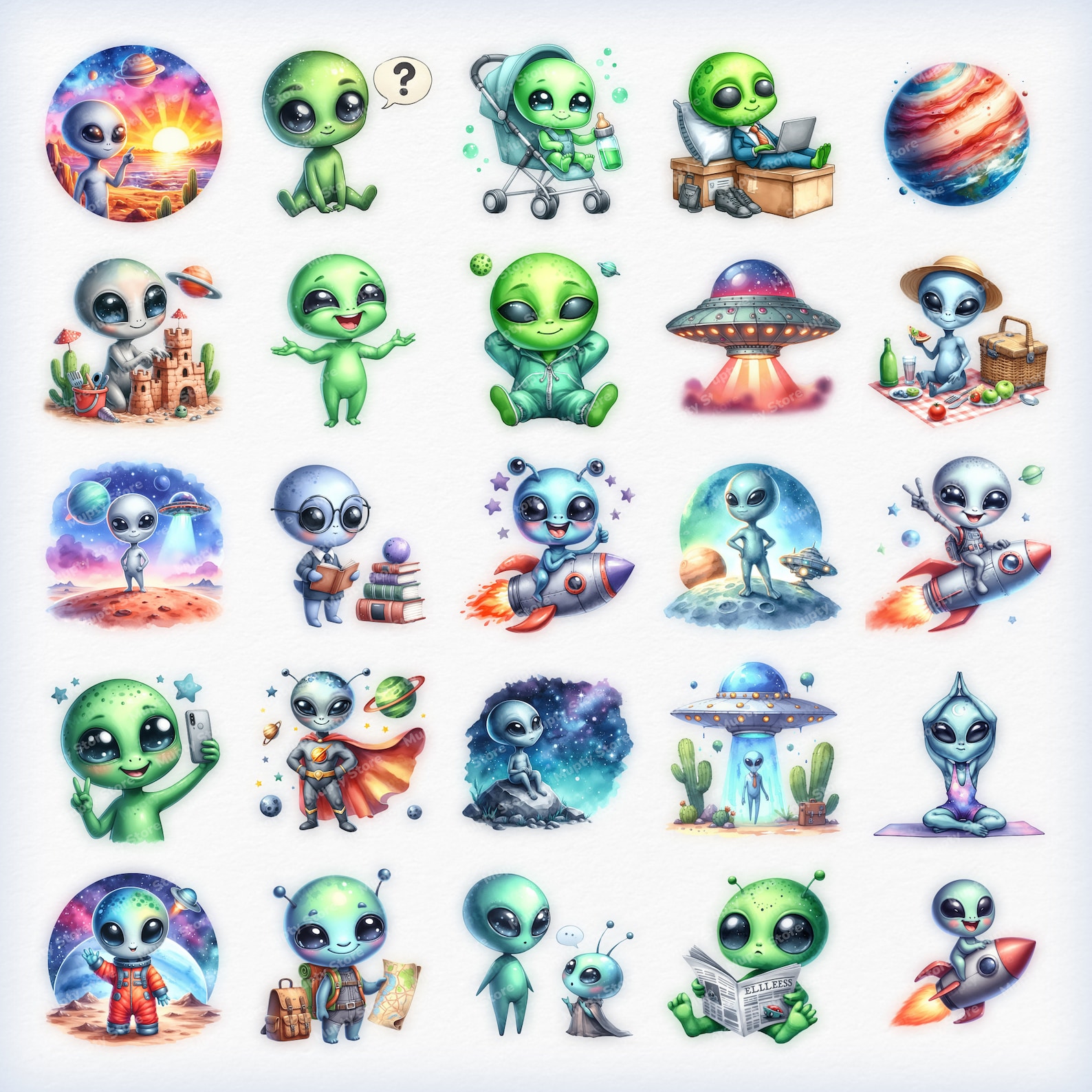 Cute Aliens Clipart, Watercolor Space Clipart Bundle, Cute Clipart ...