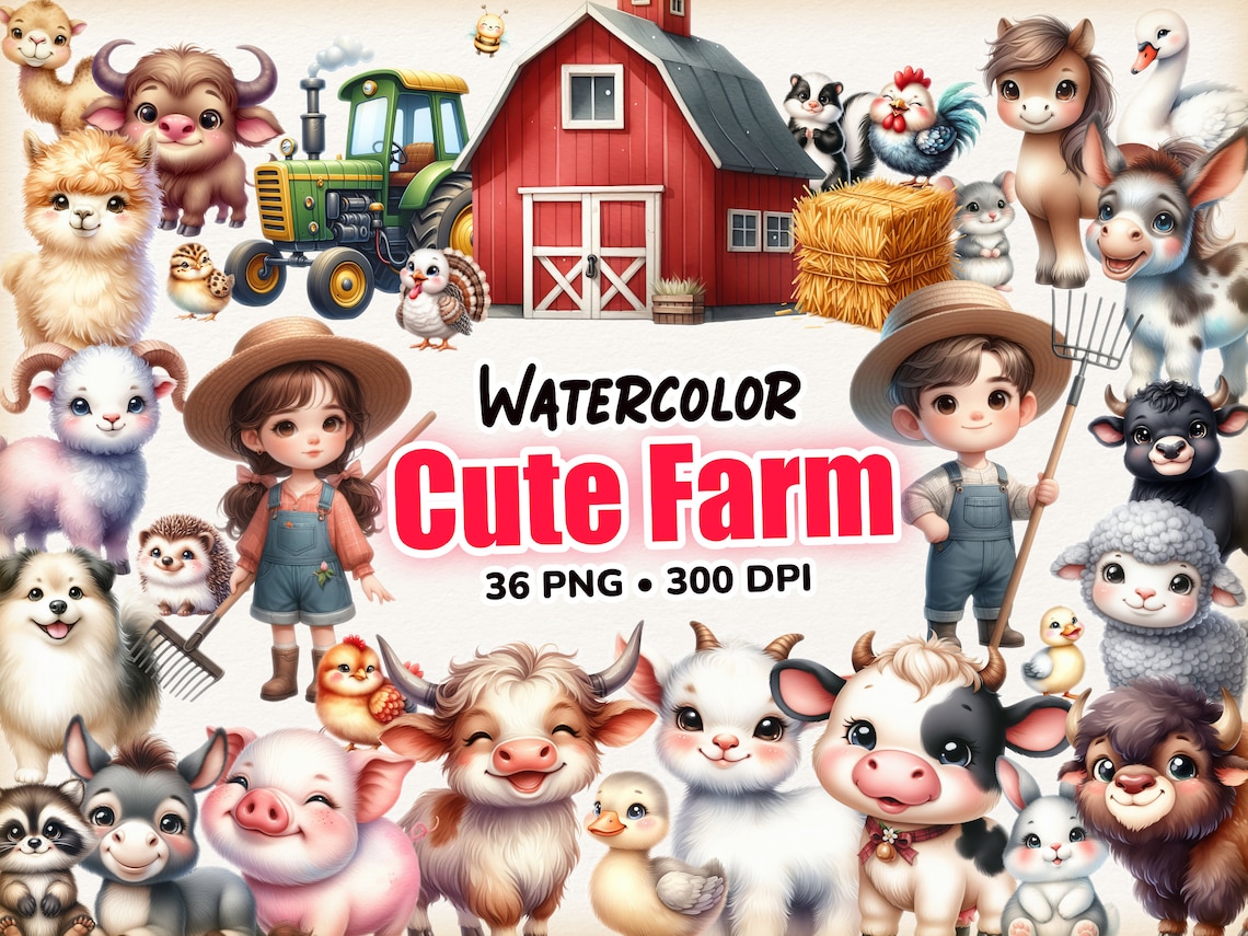 Cute Farm Animals, Farm Animals Clipart, Farm Clipart, Watercolor ...