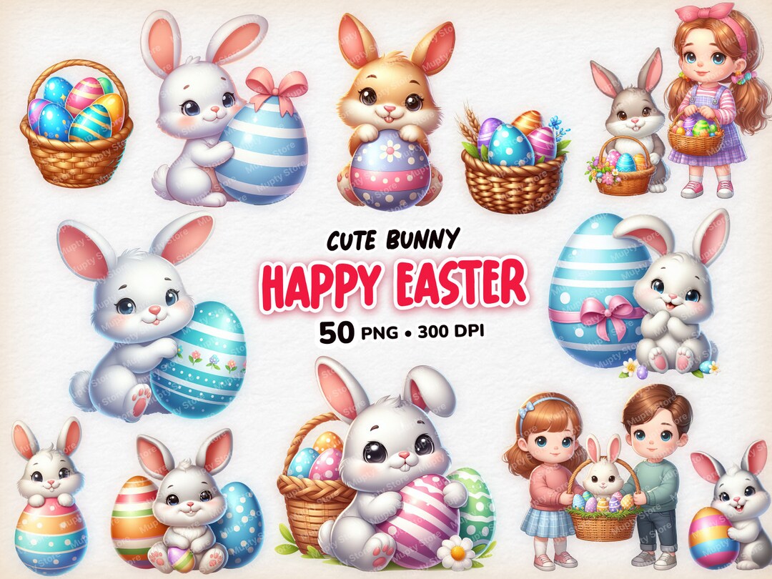 Cute Easter Clipart Bundle, Happy easter PNG, Cute Easter Bunny, Easter ...