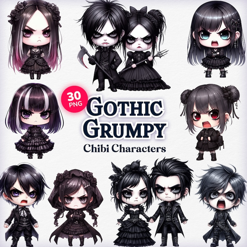 Gothic Grumpy Characters Clipart, Gothic Clipart, Gothic Chibi ...