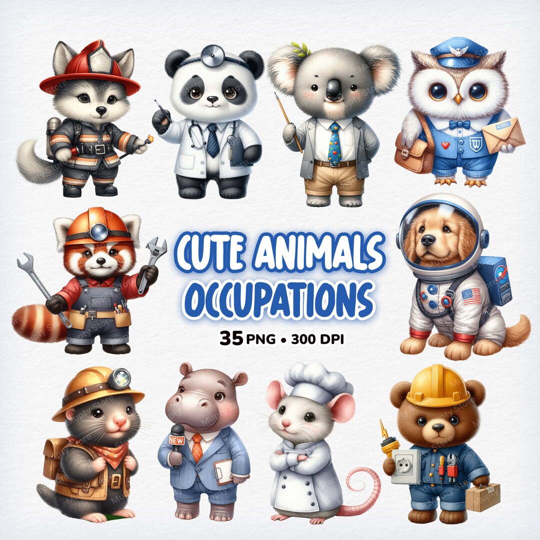 Cute Animals Occupations, Cute Animals Clipart, Watercolor Cute Animals ...
