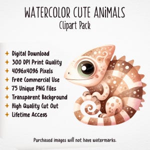 Watercolor Cute Animals Clipart, 75 Cute Animal PNG, Watercolor Animals ...
