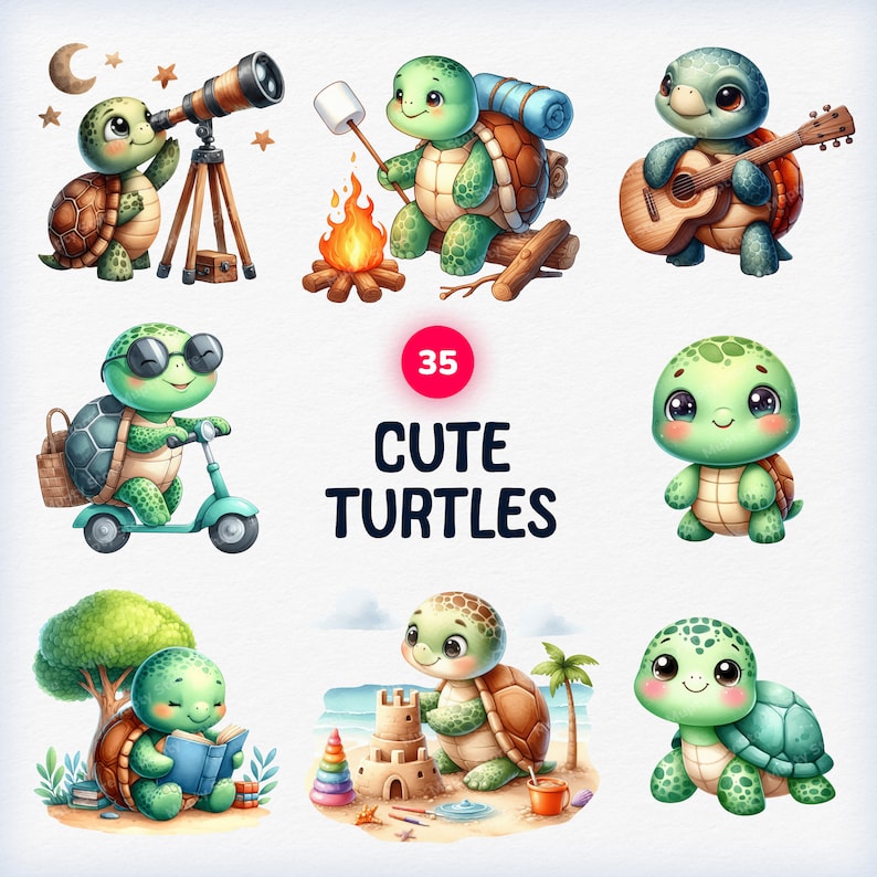 Watercolor Cute Turtle Clipart, 35 Turtles PNG, Watercolor Cute Animals ...