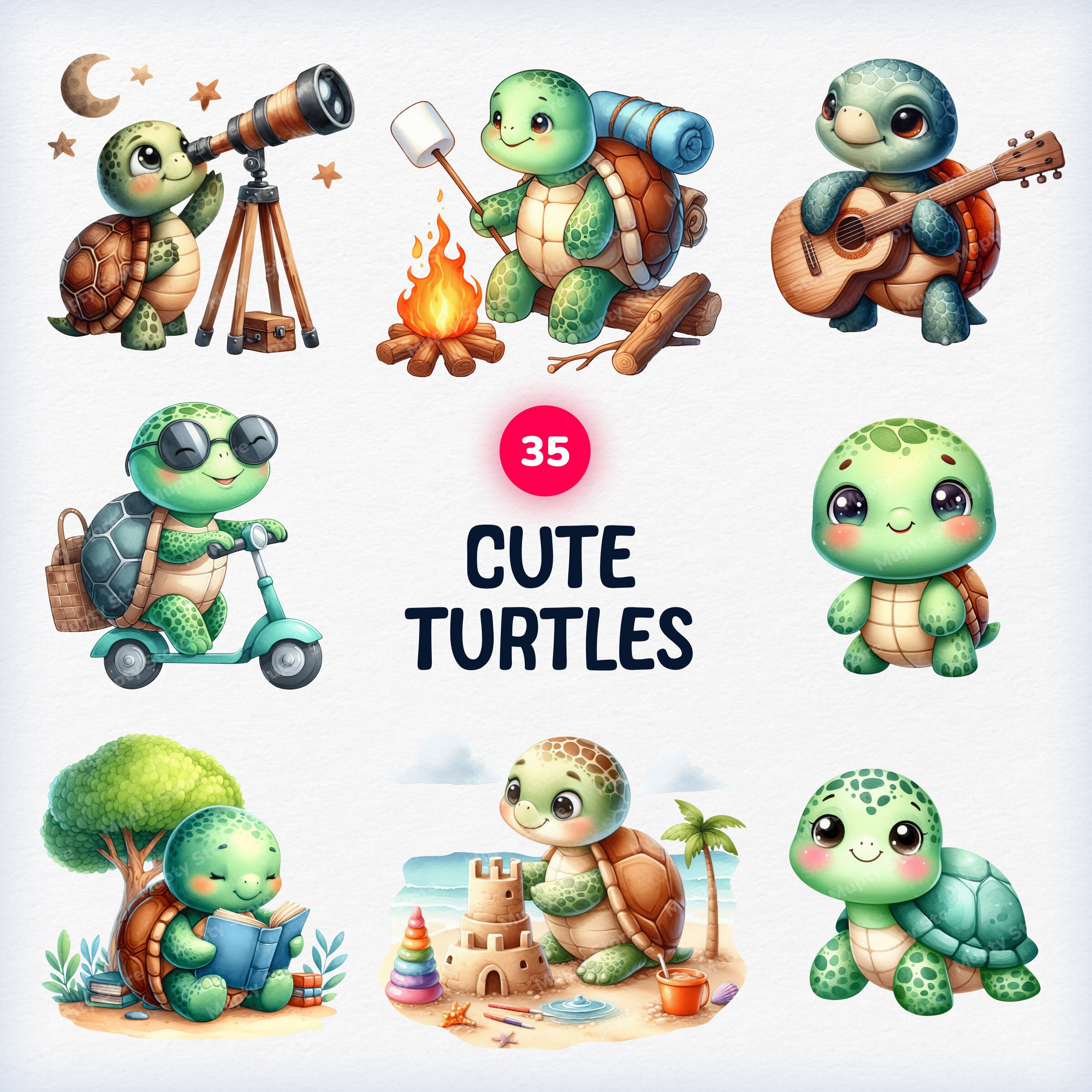 Watercolor Cute Turtle Clipart, 35 Turtles PNG, Watercolor Cute Animals ...