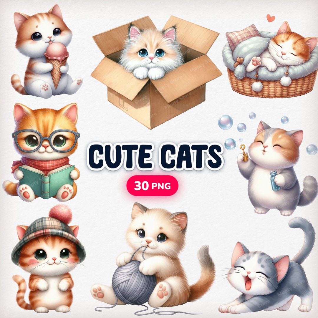 Watercolor Cute Cats, 30 Cat Clipart, Kittens PNG, Watercolor Cats ...