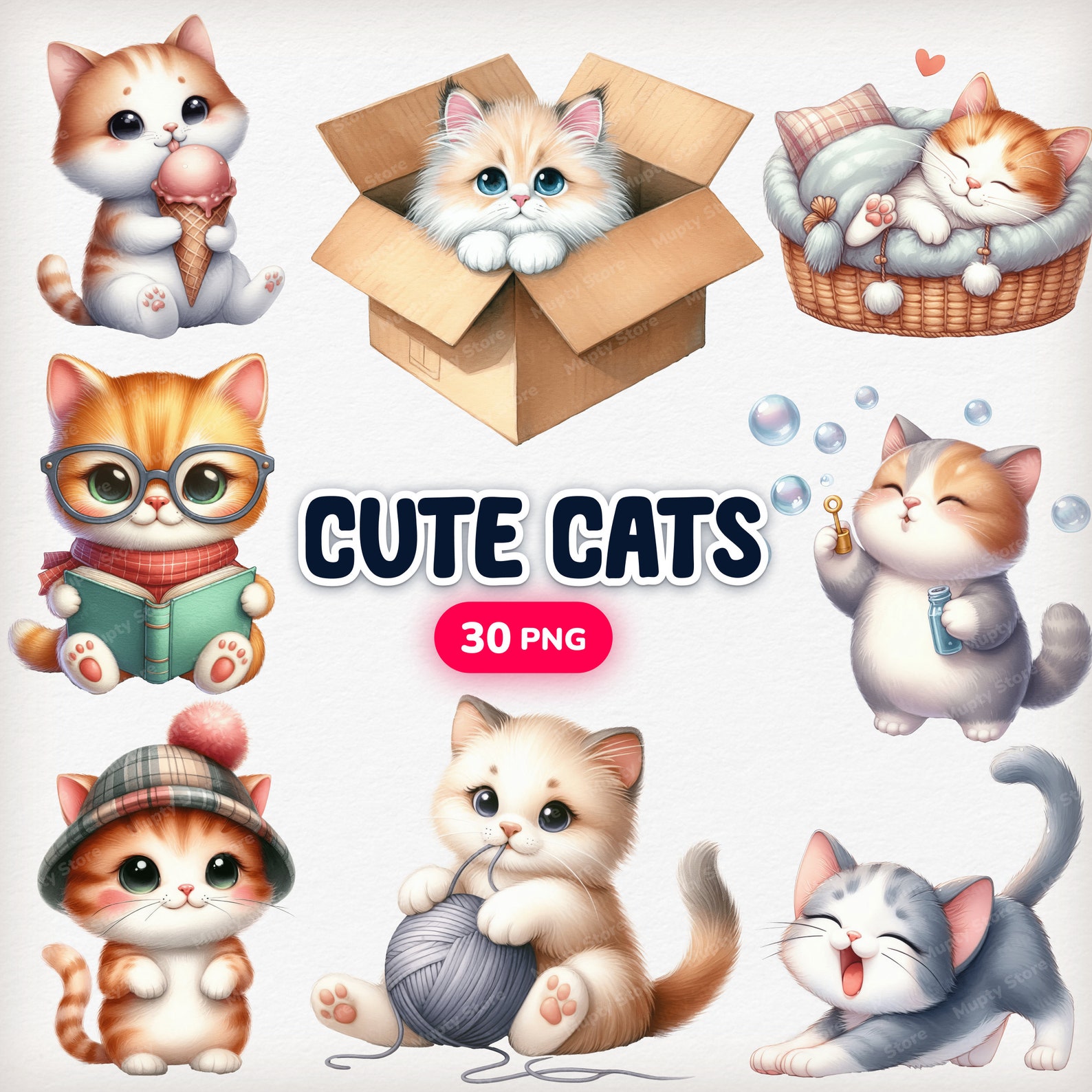 Watercolor Cute Cats, 30 Cat Clipart, Kittens PNG, Watercolor Cats ...