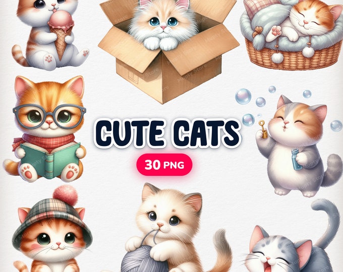 Watercolor Cute Cats, 30 Cat Clipart, Kittens PNG, Watercolor Cats ...