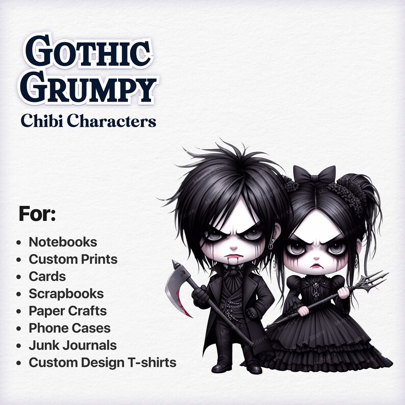 Gothic Grumpy Characters Clipart, Gothic Clipart, Gothic Chibi ...
