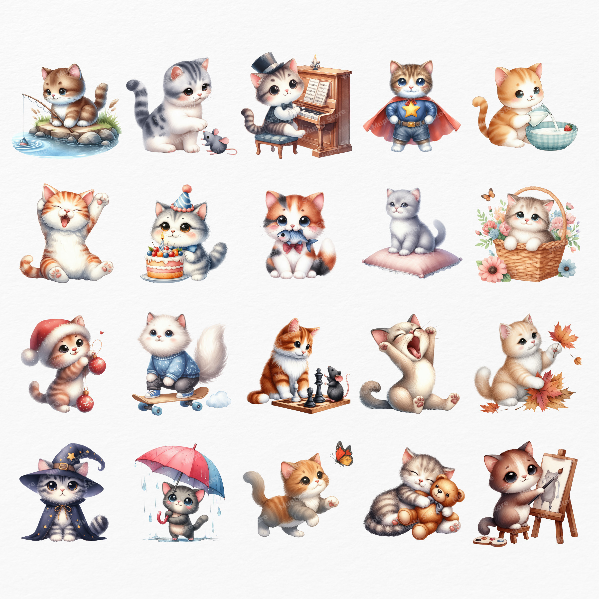 Watercolor Cute Cats, 30 Cat Clipart, Kittens PNG, Watercolor Cats ...