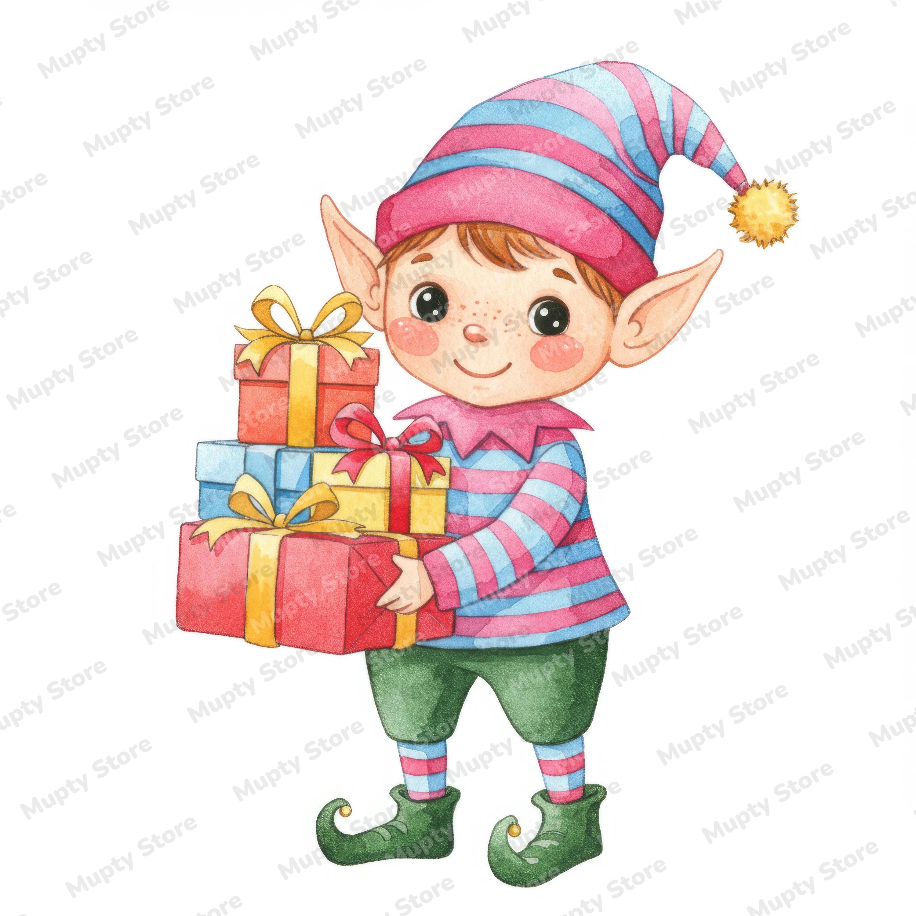 10 Watercolor Cute Christmas Elf Clipart Pack PNG & JPG, Adorable ...