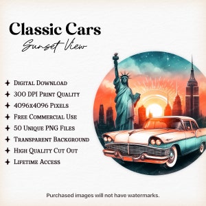 50 Classic Cars in the Sunset View, Classic Car Clipart, Retro Car PNG ...