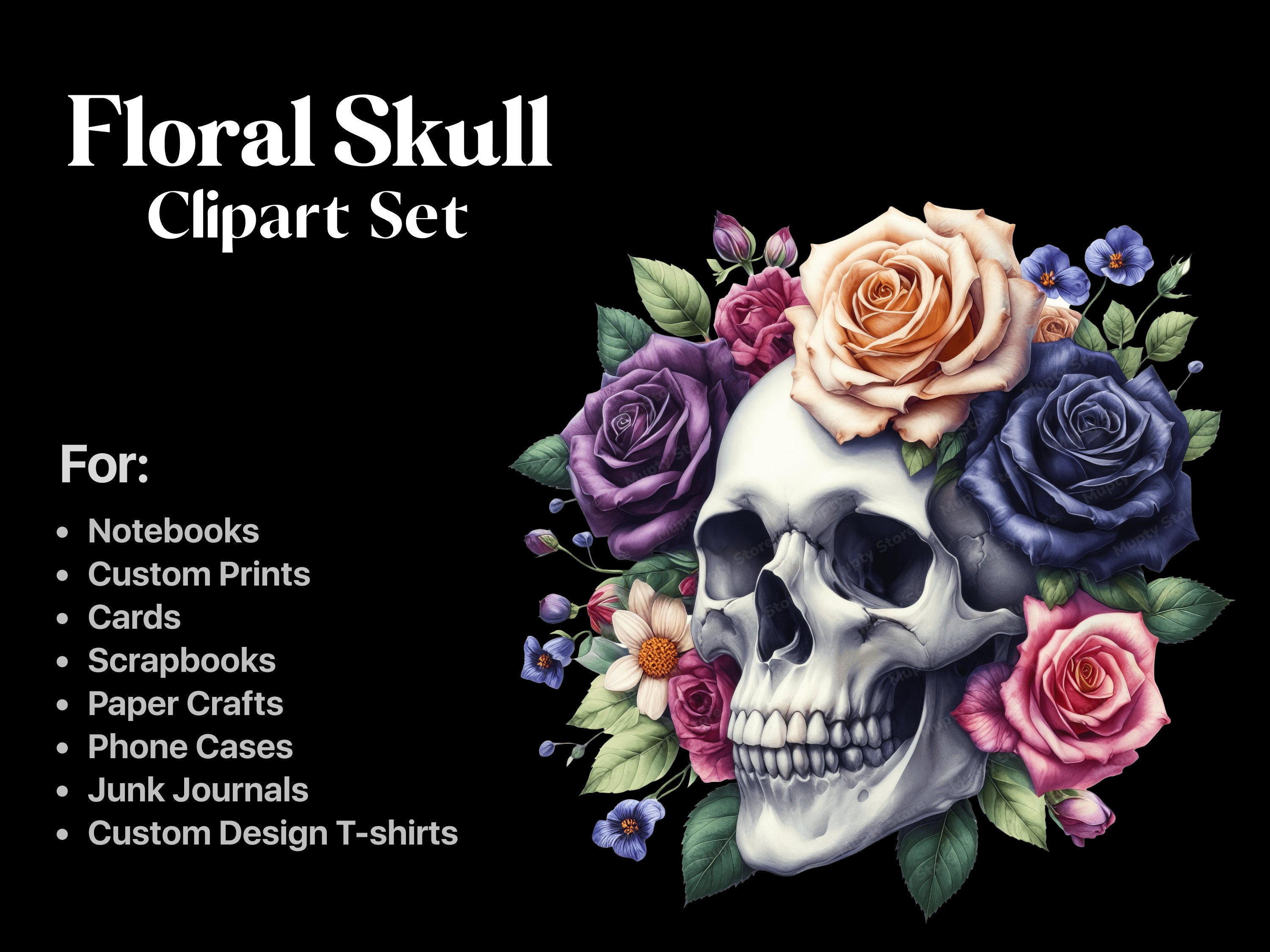 Floral Skull Clipart, Watercolor Skull, Gothic Skull Clipart, Floral ...