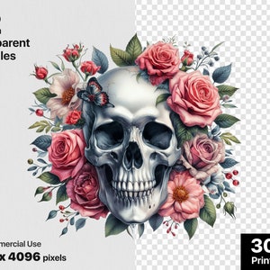 Floral Skull Clipart, Watercolor Skull, Gothic Skull Clipart, Floral ...