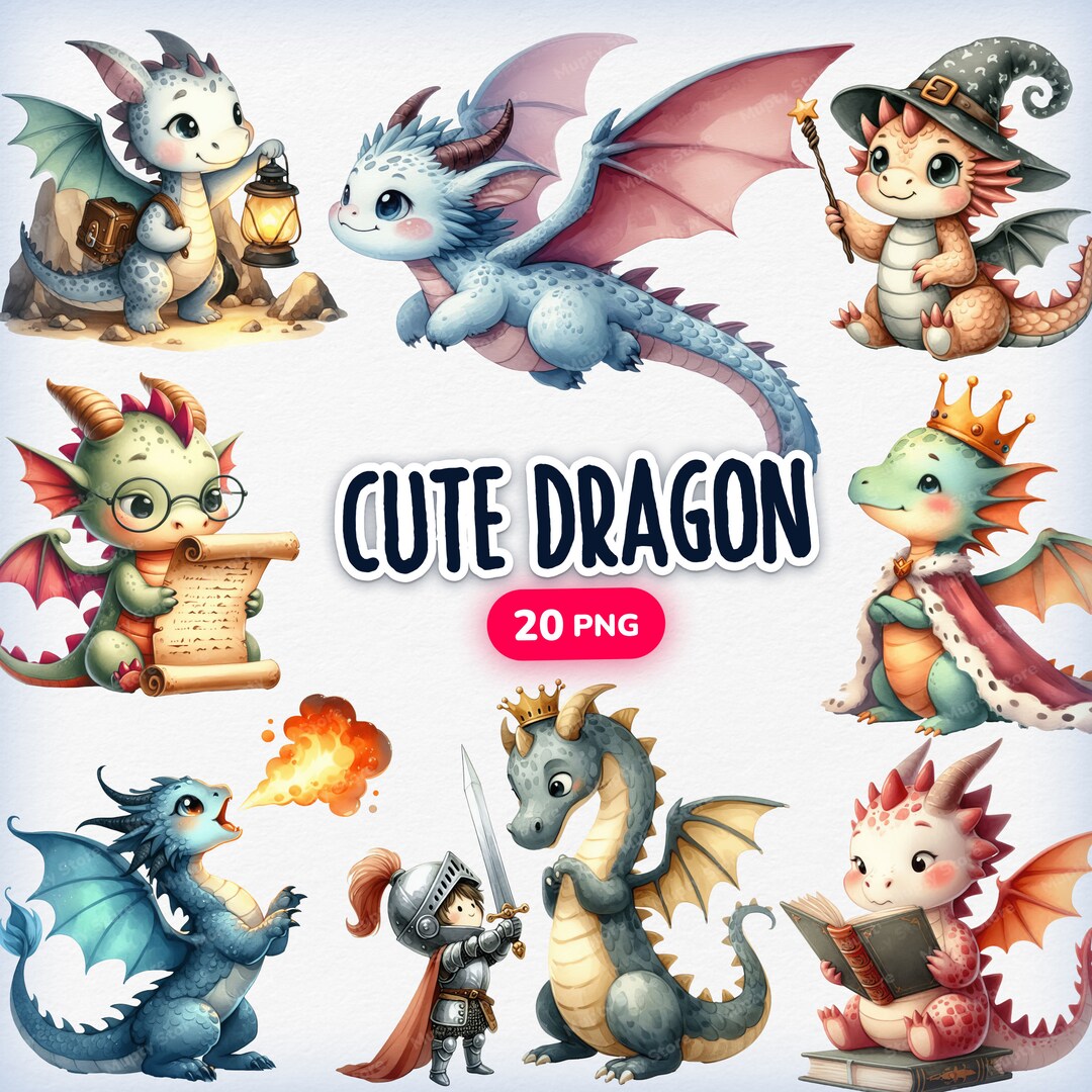 Cute Dragon Clipart, Dragon Watercolor Clipart, Cute Dragon PNG, Baby ...