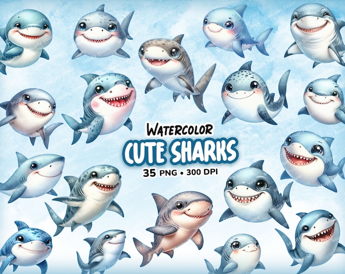 Watercolor Cute Shark Clipart, Shark PNG, Watercolor Sharks, Cute Baby ...