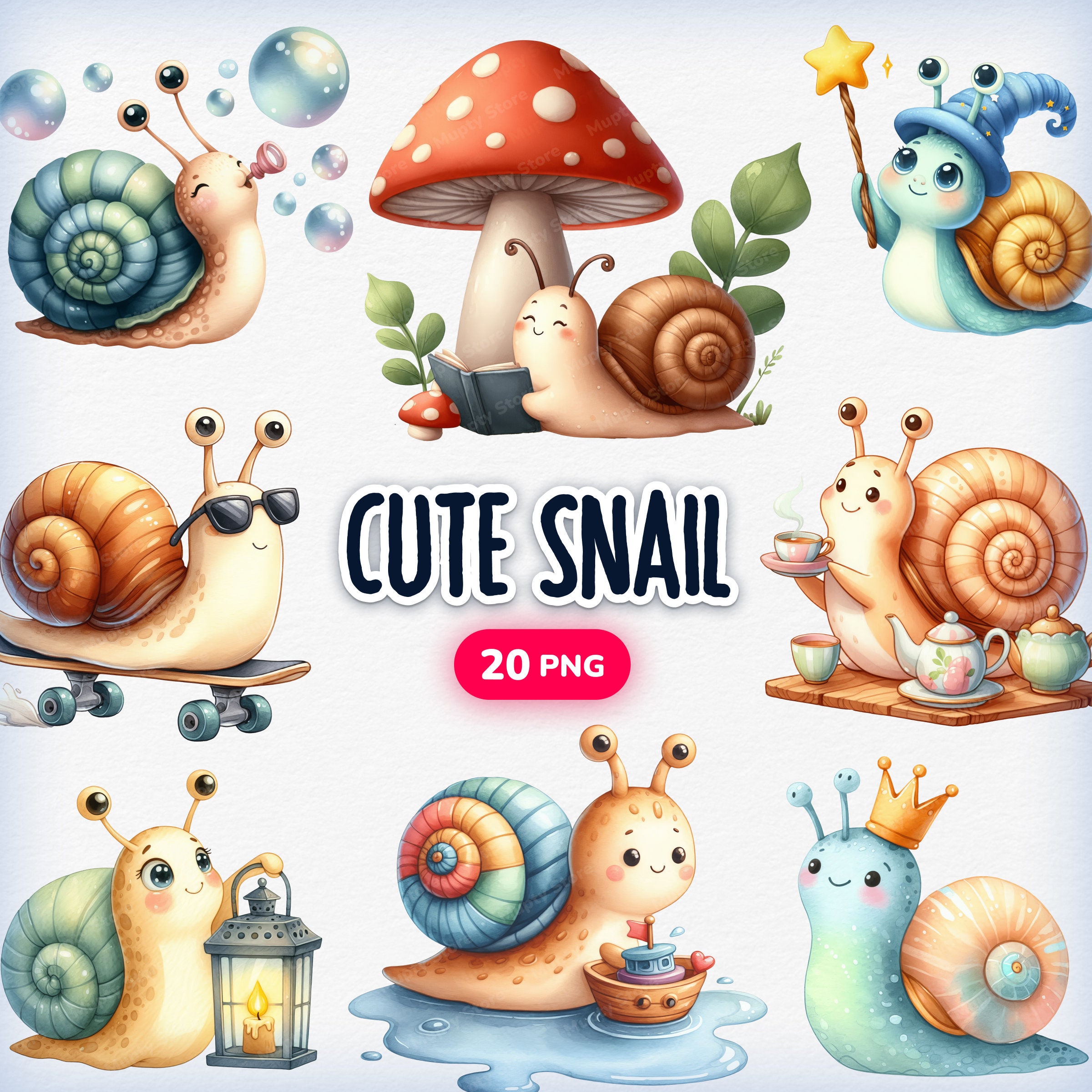 Cute Snail Watercolor Clipart, 20 Snails Clipart, Baby Snail Png ...