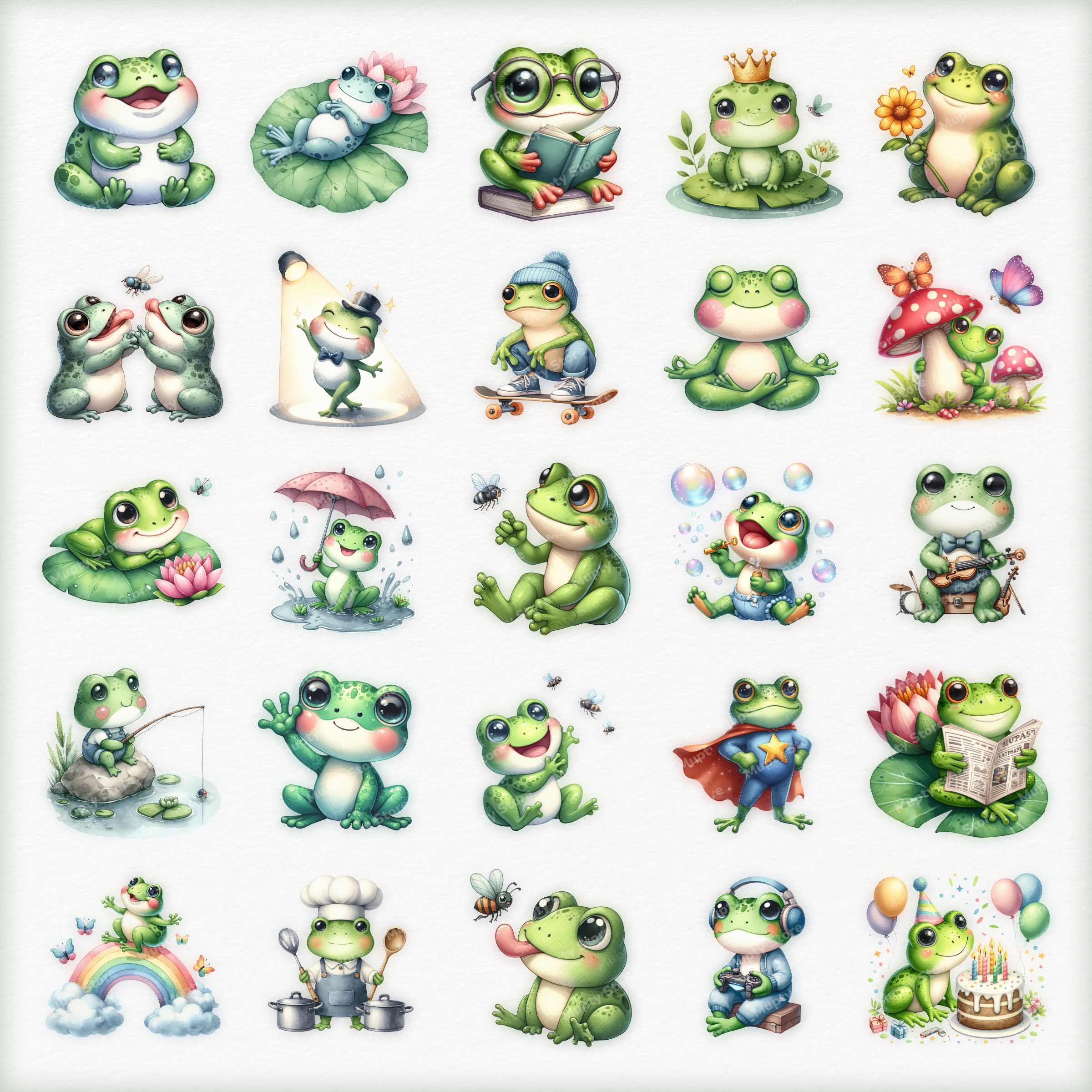 Watercolor Cute Frogs Clipart, 35 Frogs PNG, Watercolor Cute Animals ...
