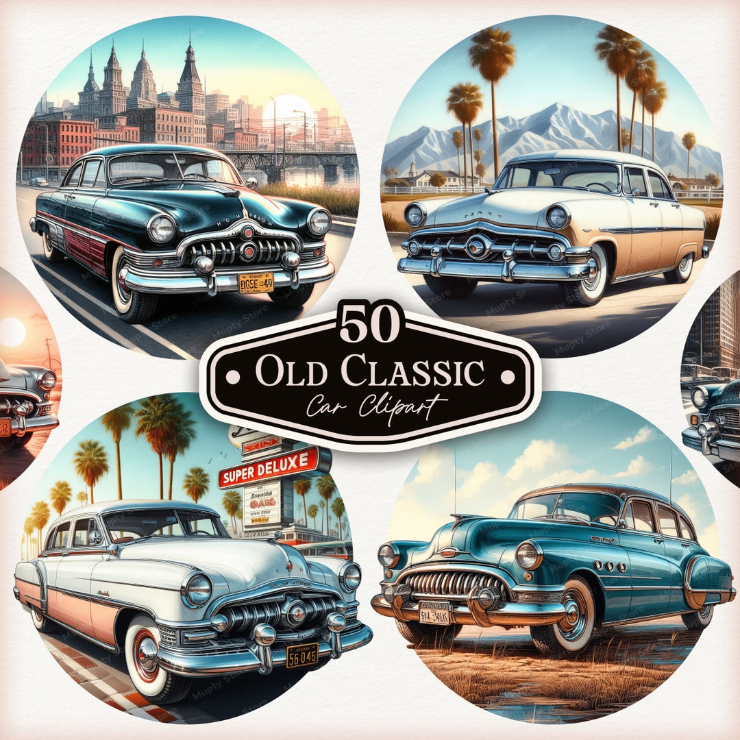 Old Classic Vintage Cars Clipart, 50 Classic Cars, Retro Car PNG ...