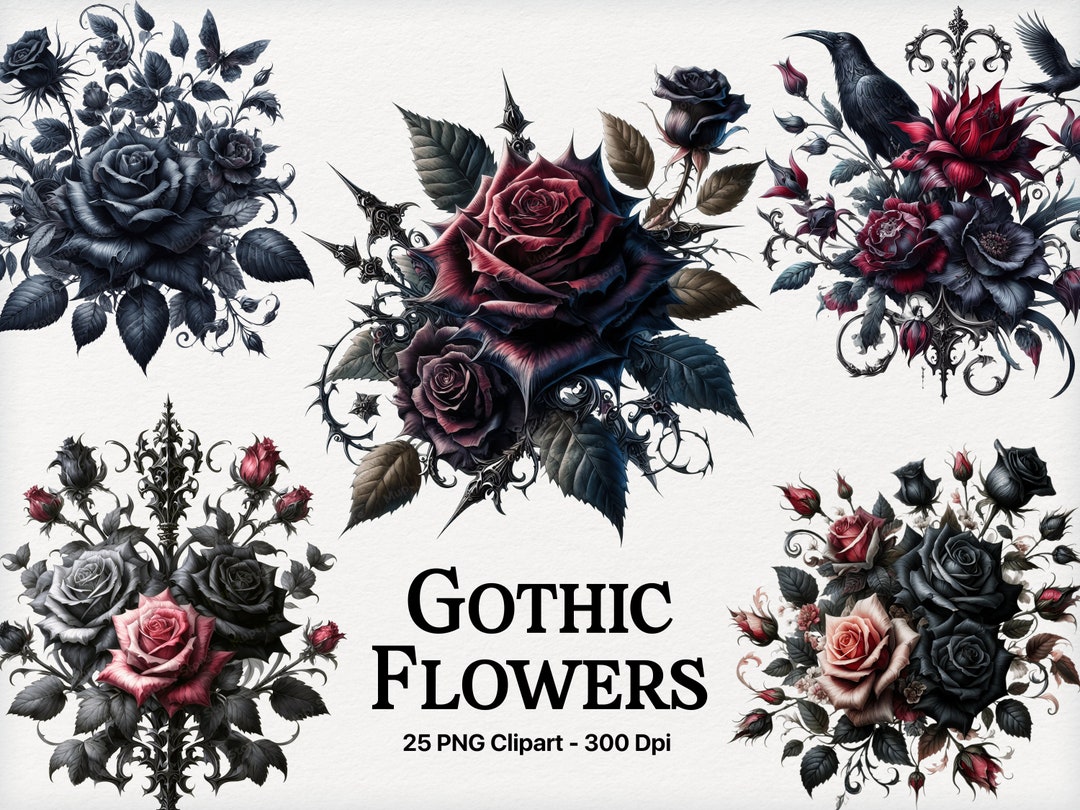 Gothic Floral Clipart, Watercolor Gothic Flowers, Gothic Roses PNG ...