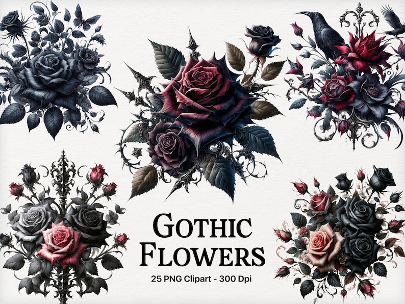 Watercolor Gothic Roses Clipart, Dark Floral PNG (digital Download) - Etsy