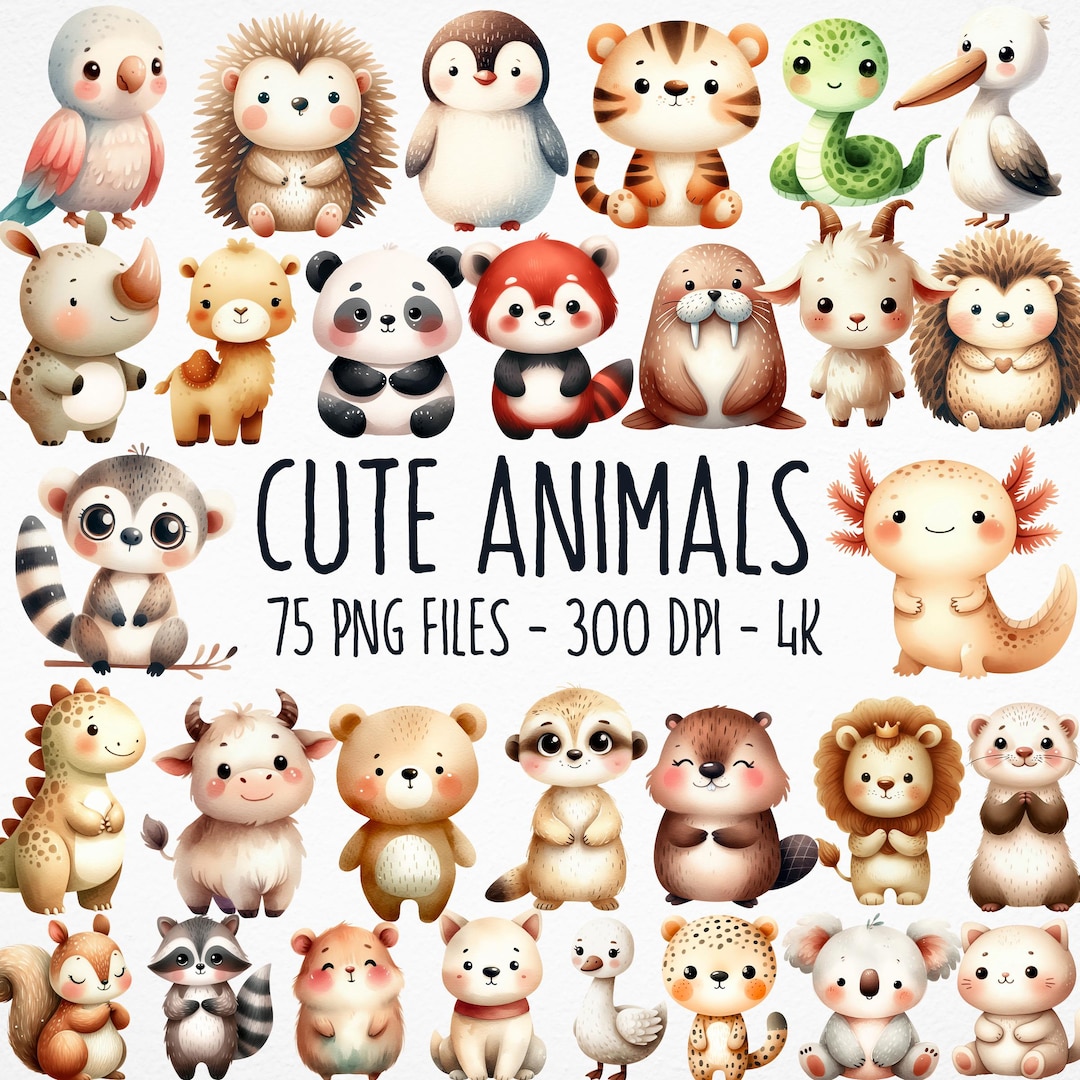 Watercolor Cute Animals Clipart, 75 Cute Animal PNG, Watercolor Animals ...