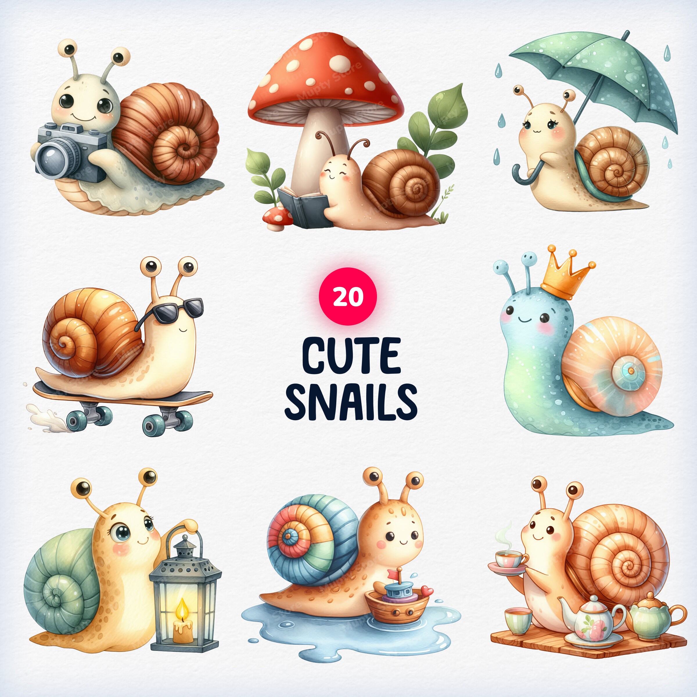 Cute Snail Watercolor Clipart, 20 Snails Clipart, Baby Snail Png ...