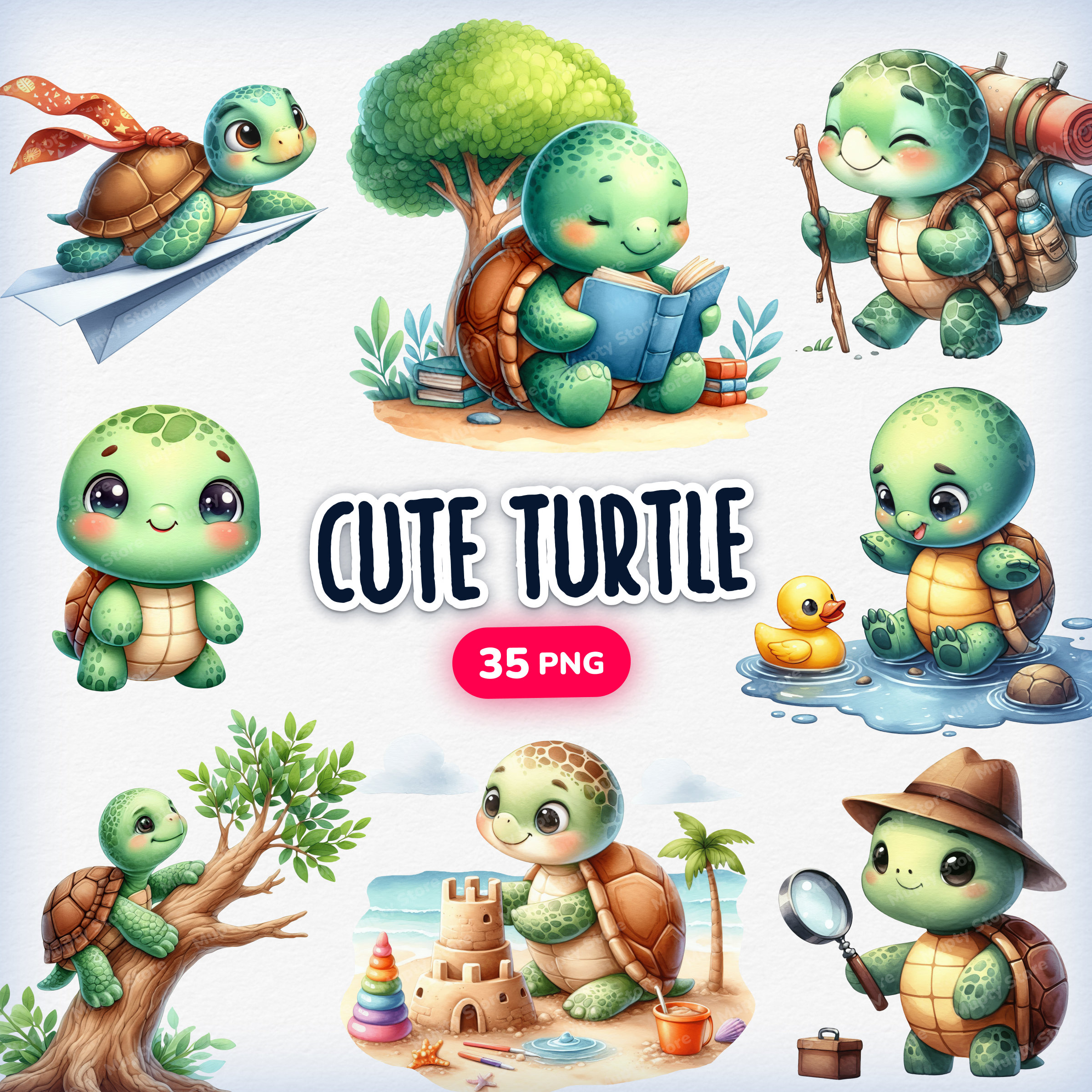 Watercolor Cute Turtle Clipart, 35 Turtles PNG, Watercolor Cute Animals ...