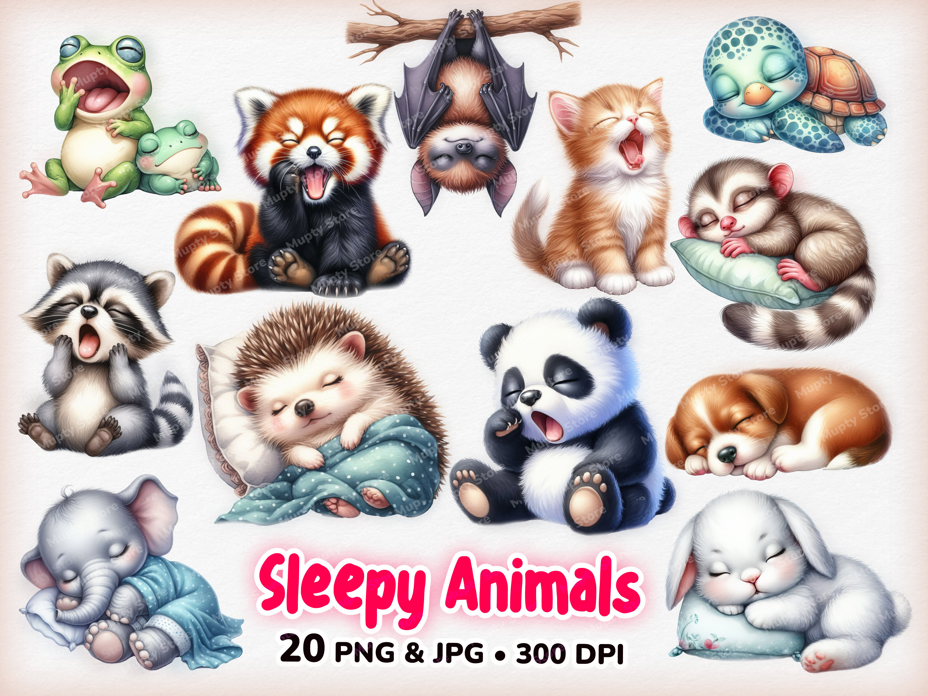 Watercolor Sleepy Animals Clipart, Cute Animal Clipart, Watercolor ...