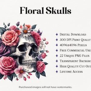 Floral Skull Clipart, Watercolor Skull, Gothic Skull Clipart, Floral ...