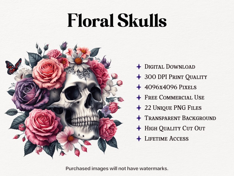 Floral Skull Clipart, Watercolor Skull, Gothic Skull Clipart, Floral ...
