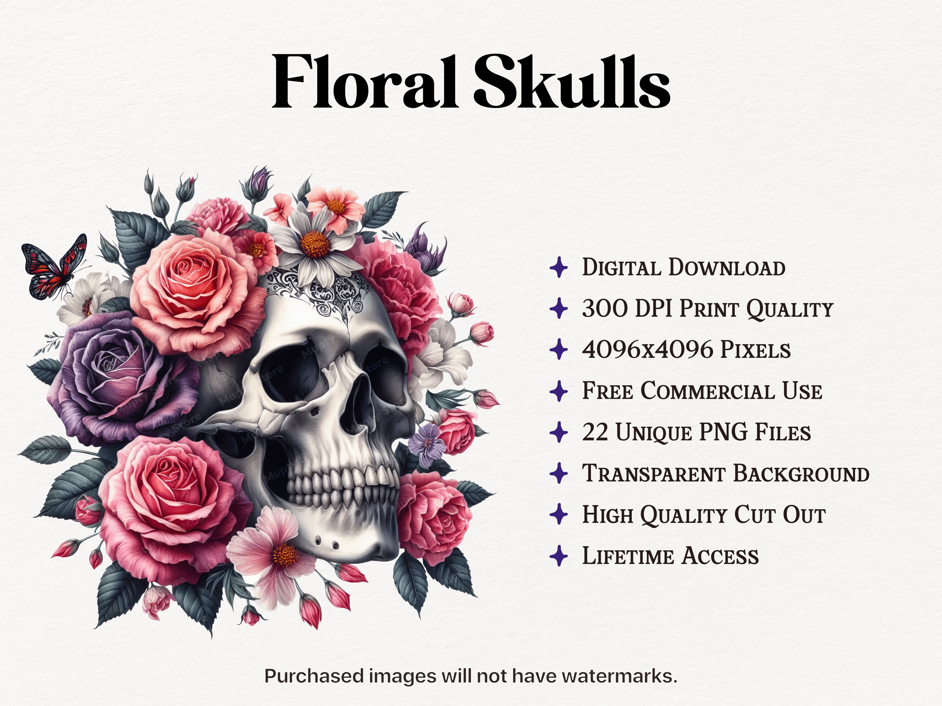 Floral Skull Clipart, Watercolor Skull, Gothic Skull Clipart, Floral ...