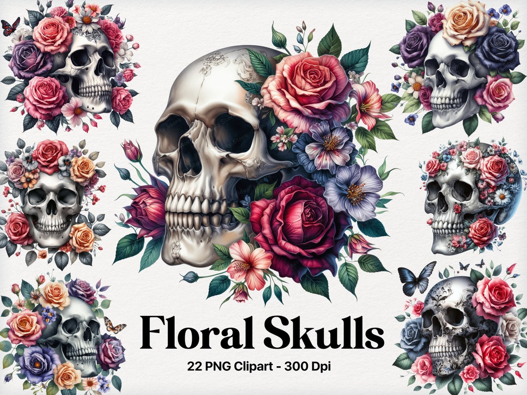 Floral Skull Clipart, Watercolor Skull, Gothic Skull Clipart, Floral ...