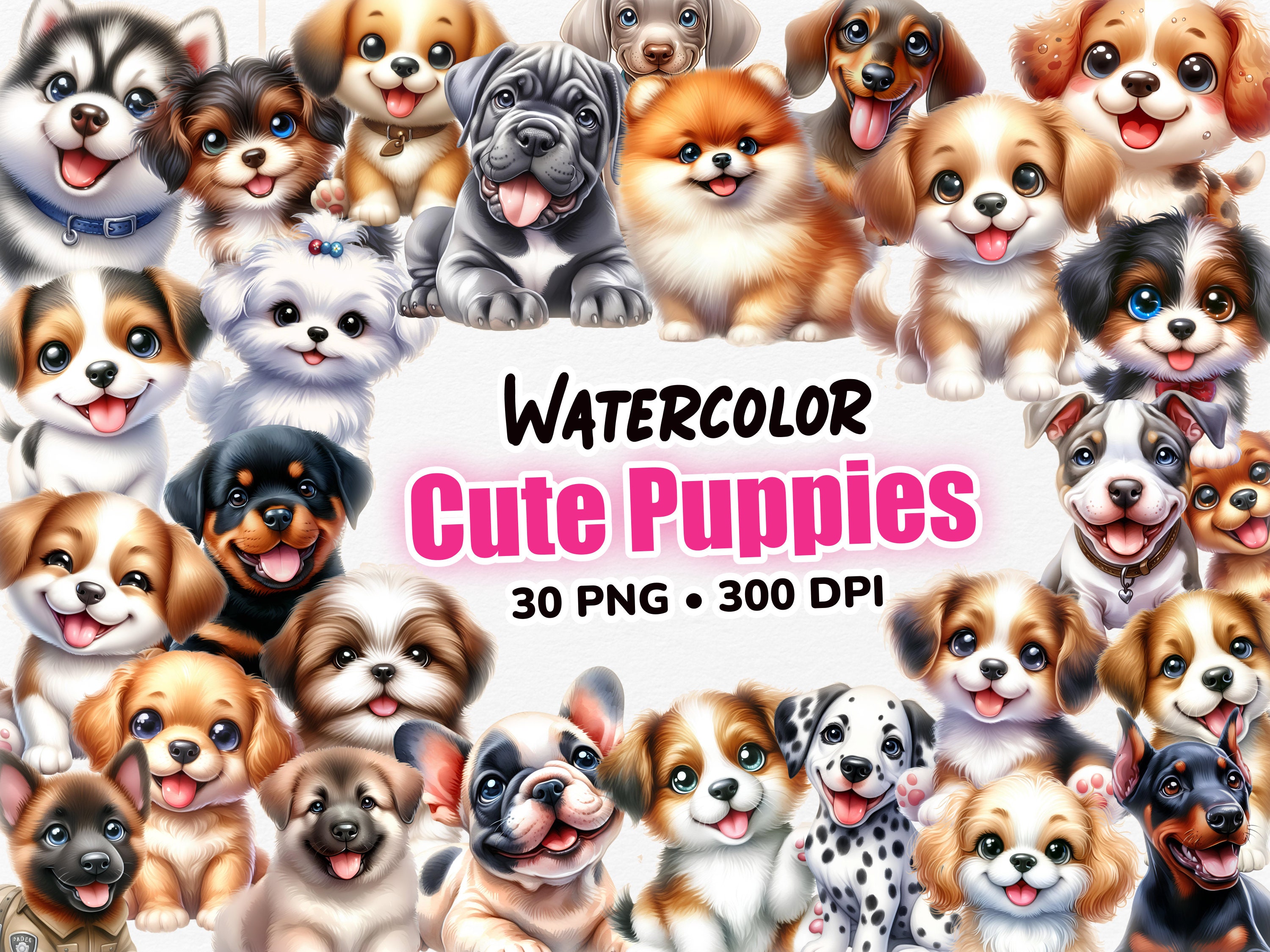 Watercolor Cute Puppies, Puppy PNG Clipart, Dog Clipart, 30 Watercolor ...
