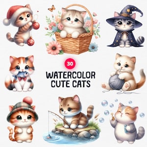 Watercolor Cute Cats, 30 Cat Clipart, Kittens PNG, Watercolor Cats ...