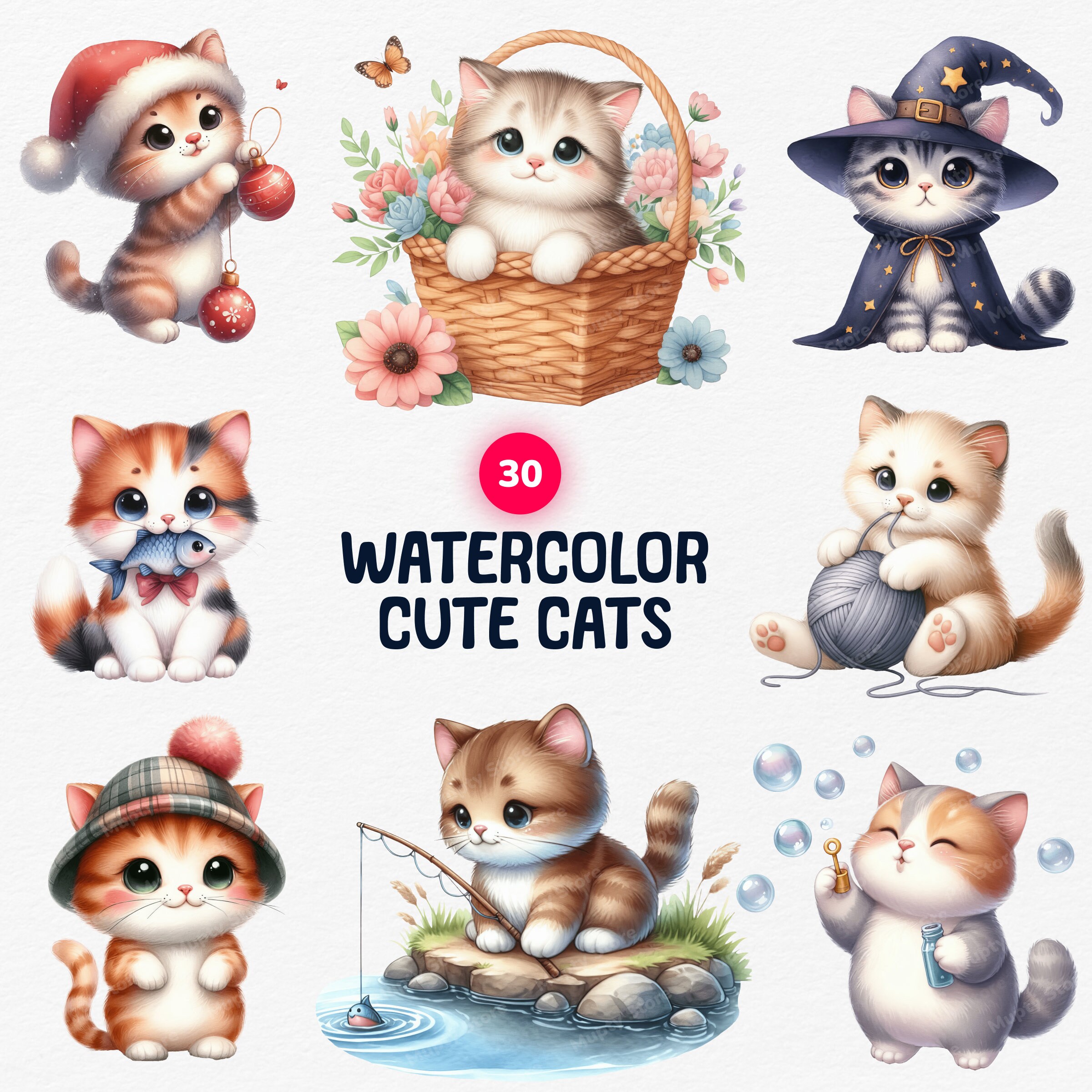 Watercolor Cute Cats, 30 Cat Clipart, Kittens PNG, Watercolor Cats ...