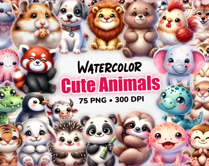 Watercolor Cute Animals, 75 Animal PNG Clipart, Animals Clipart ...