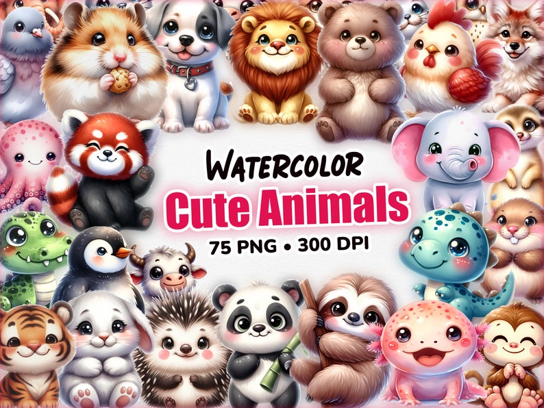 Watercolor Cute Animals, Animal PNG Clipart, 75 Watercolor Animals ...