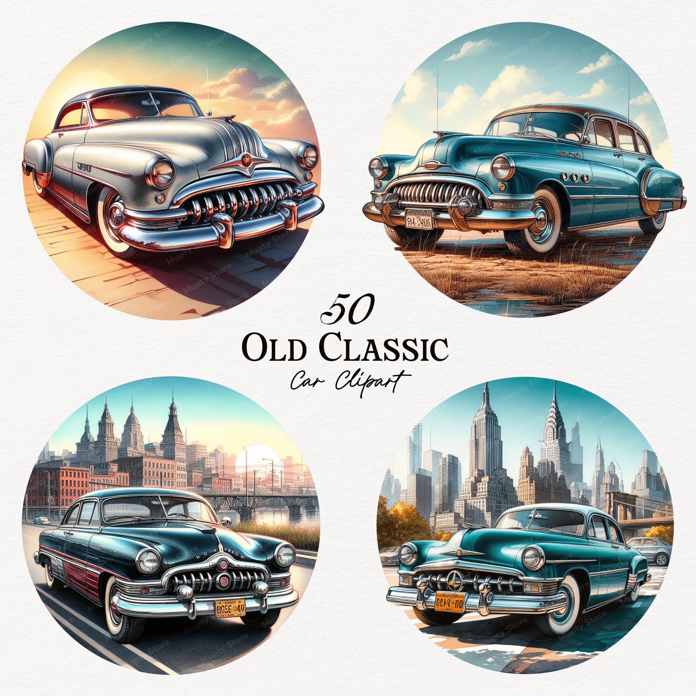 Old Classic Vintage Cars Clipart, 50 Classic Cars, Retro Car PNG ...