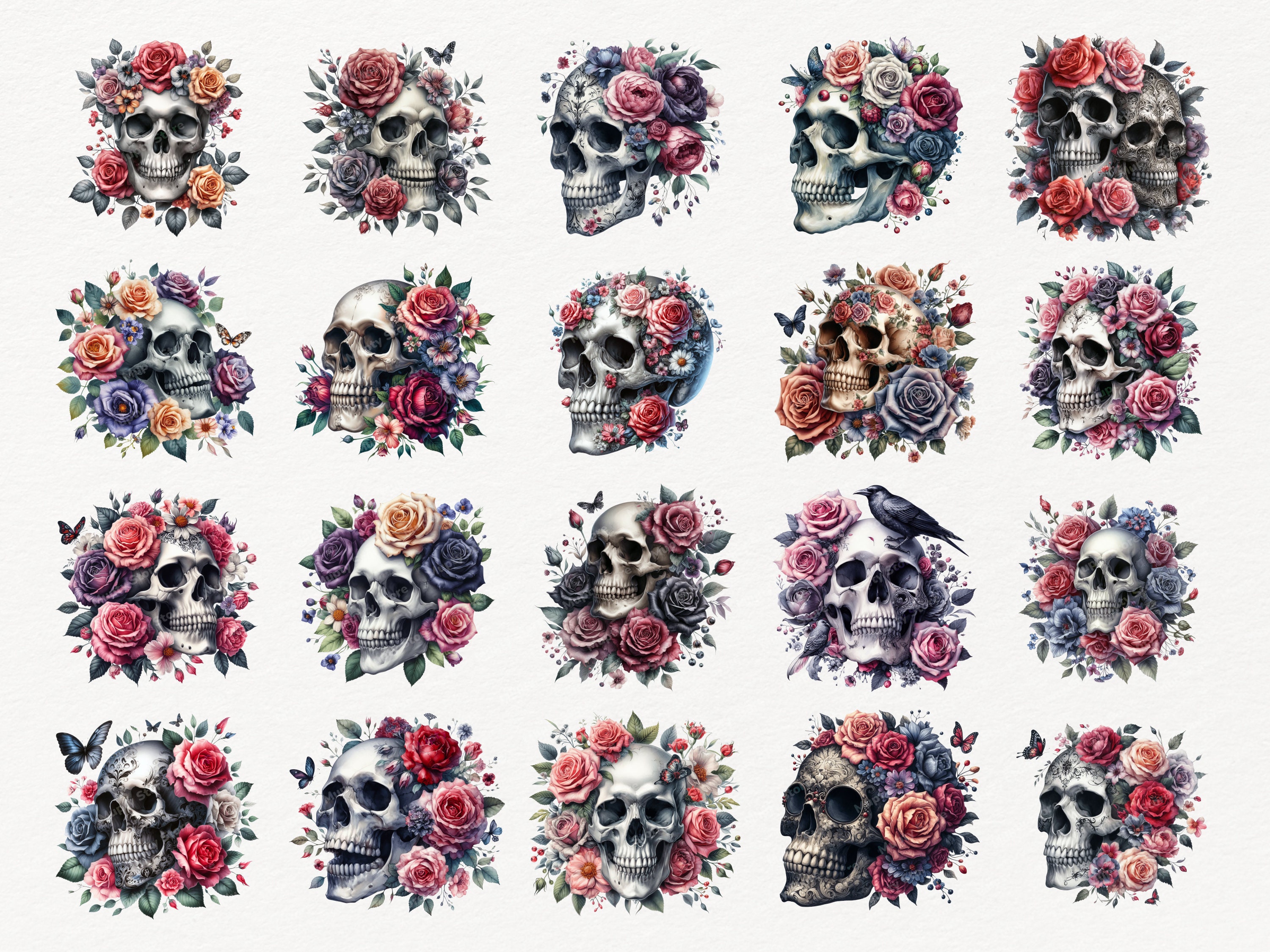 Floral Skull Clipart, Watercolor Skull, Gothic Skull Clipart, Floral ...