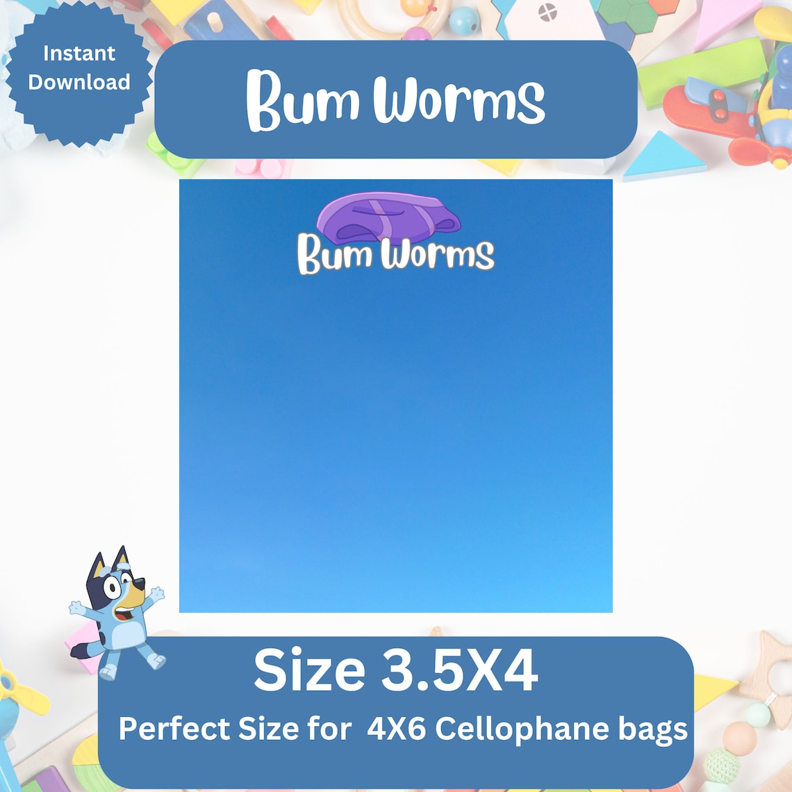 Bluey Party Favor Bum Worms Digital Download Blue Dog DIY Printable ...