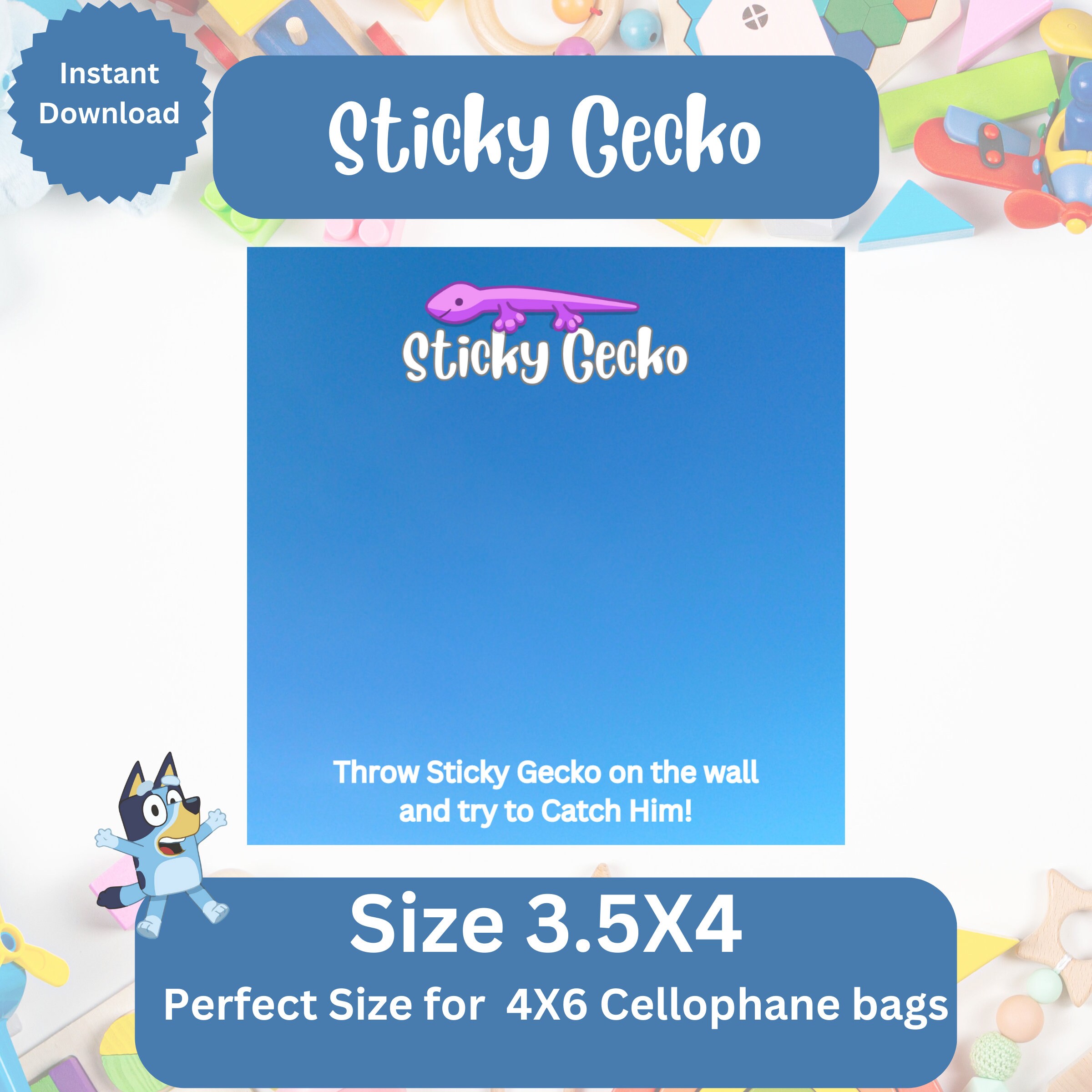 Bluey Party Favor Sticky Gecko Digital Download Bluey Dog DIY Printable ...