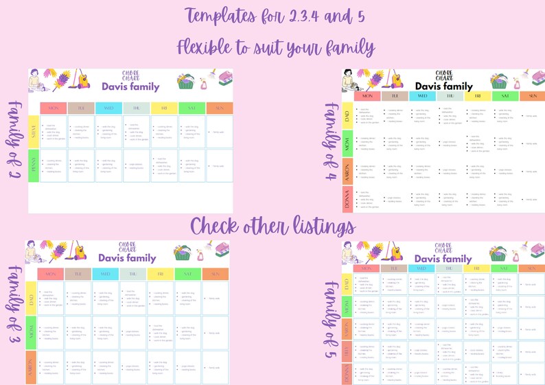 Family Chore Chart for 3, Editable Family Planner Printable, Weekly ...